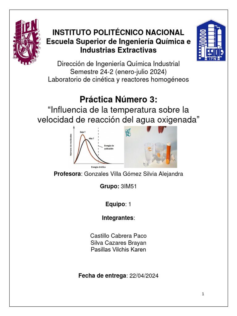 Practica3 Equipo 1 Cinetica 3im51 | PDF | Velocidad de reacción | Cinética química