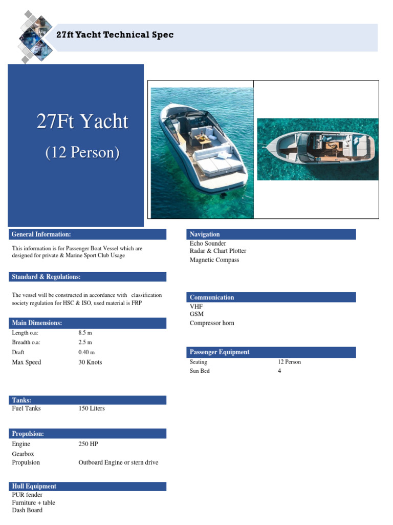 27ft Yacht Specs for 12 Passengers | PDF