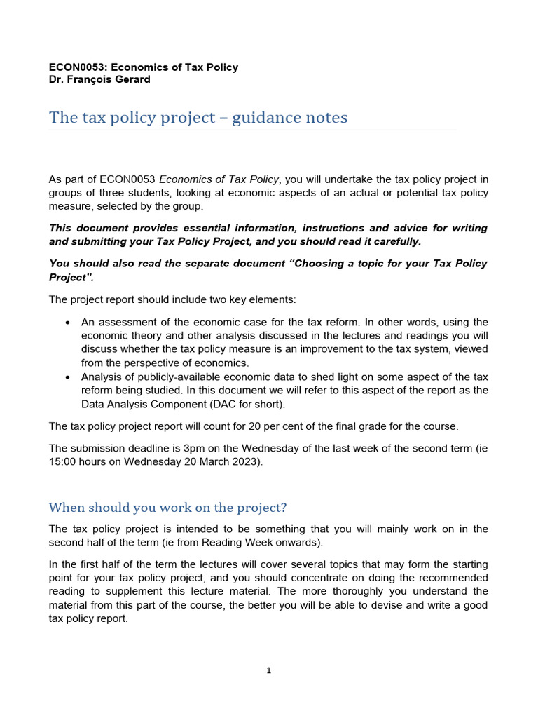ECON0053 Tax Policy Project - Guidance Note | PDF | Taxes | Plagiarism