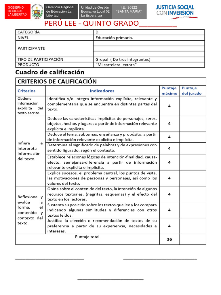 FICHAS PARA PERU LEE 5° Grado | PDF