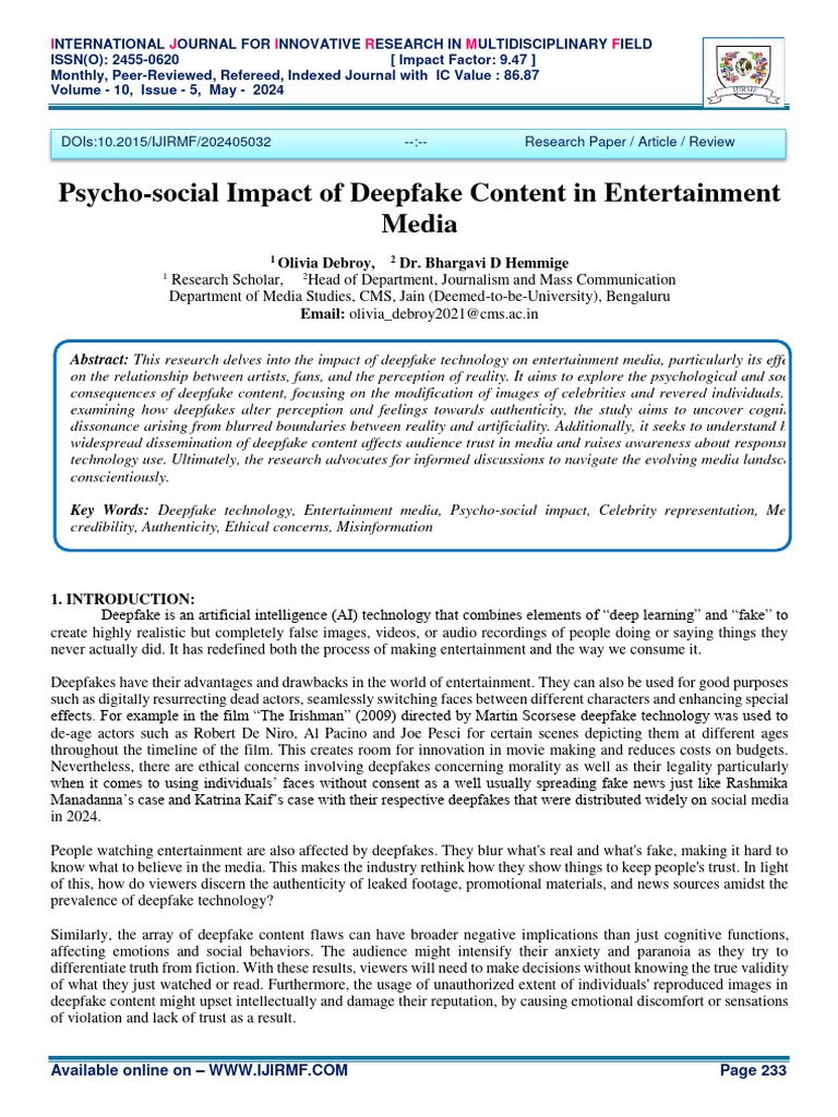 Psycho Socialimpactofdeepfakecontentinentertainmentmedia Published | PDF | Sampling (Statistics ...