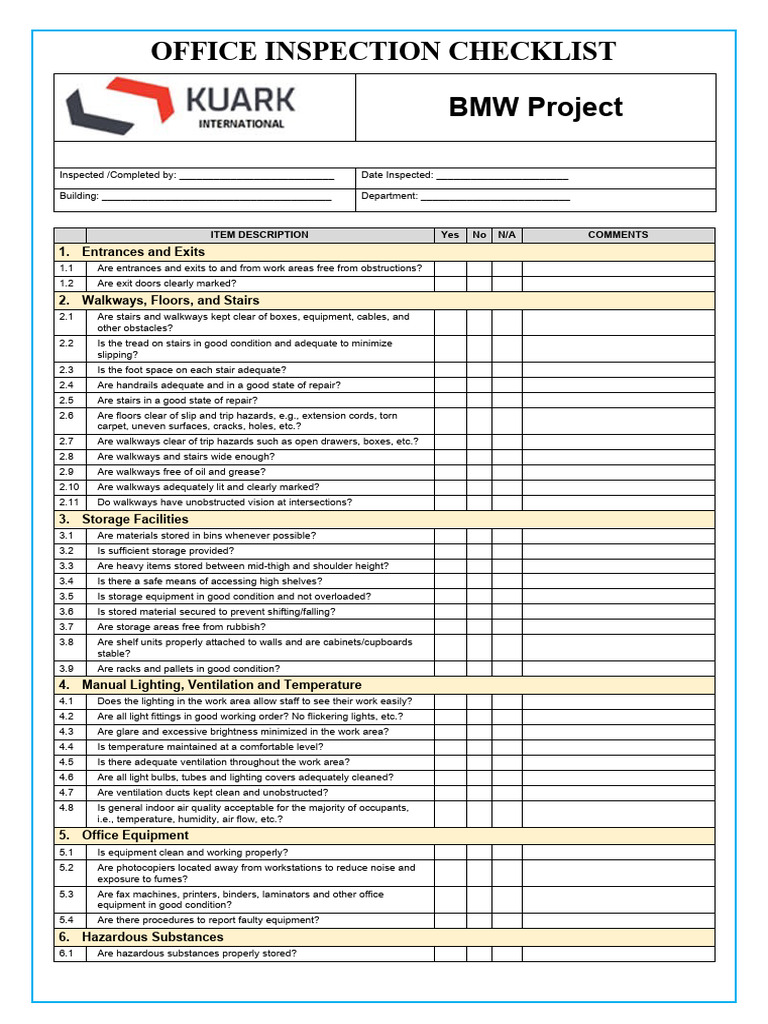 Office Safety Inspection Checklist | PDF | Stairs | Bathroom