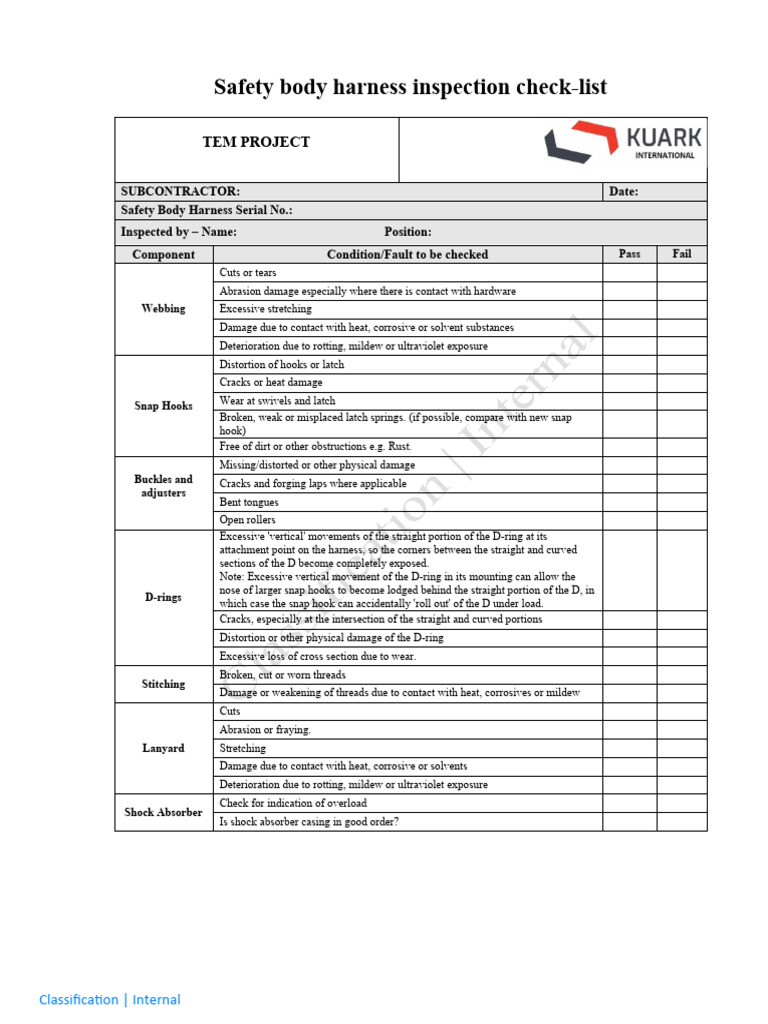Safety Body Harness Inspection Checklist | PDF