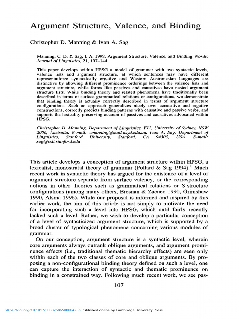 Manning&Sag1998 Argument Structure Valence and Binding | PDF | Syntax ...