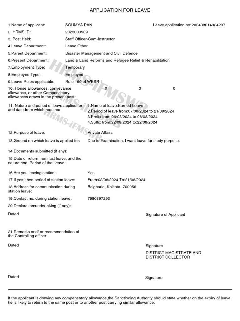 Leave Application for Study Purpose | PDF | Government