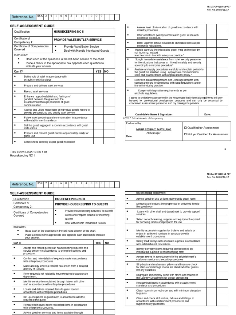Housekeeping NC II Self-Assessment Guide | PDF | Housekeeping | Textiles