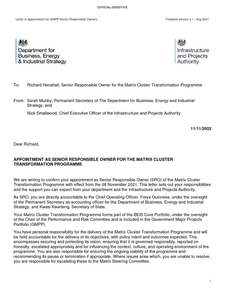 Matrix Cluster Transformation Programme Sro Letter Richard Henshall ...