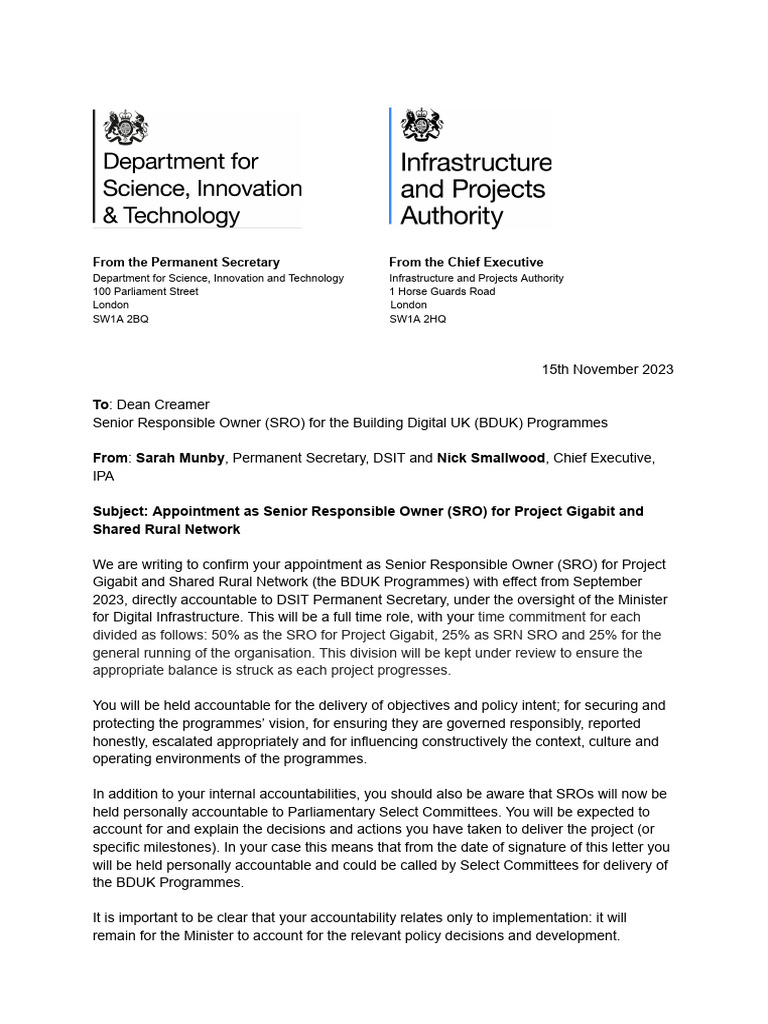 Bduk Sro Appointment - Letter 2023 11 15 | PDF | Project Management | Governance