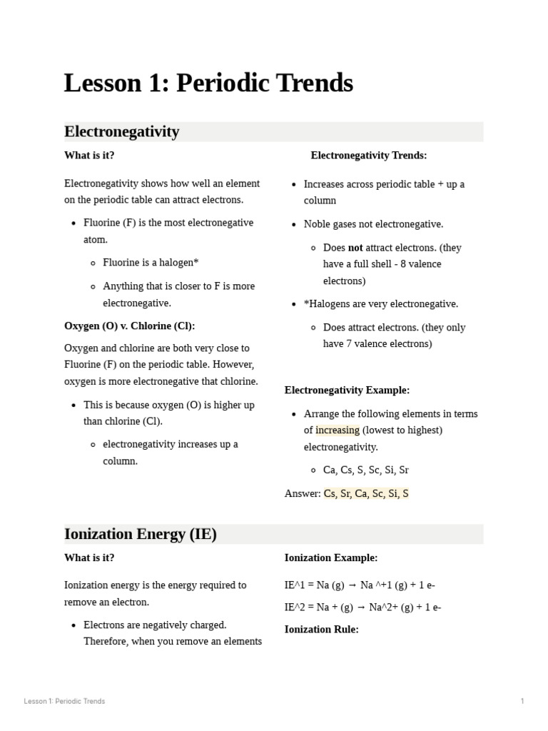 Lesson 1: Periodic Trends (Grade 11 Chemistry - University Level) | PDF ...