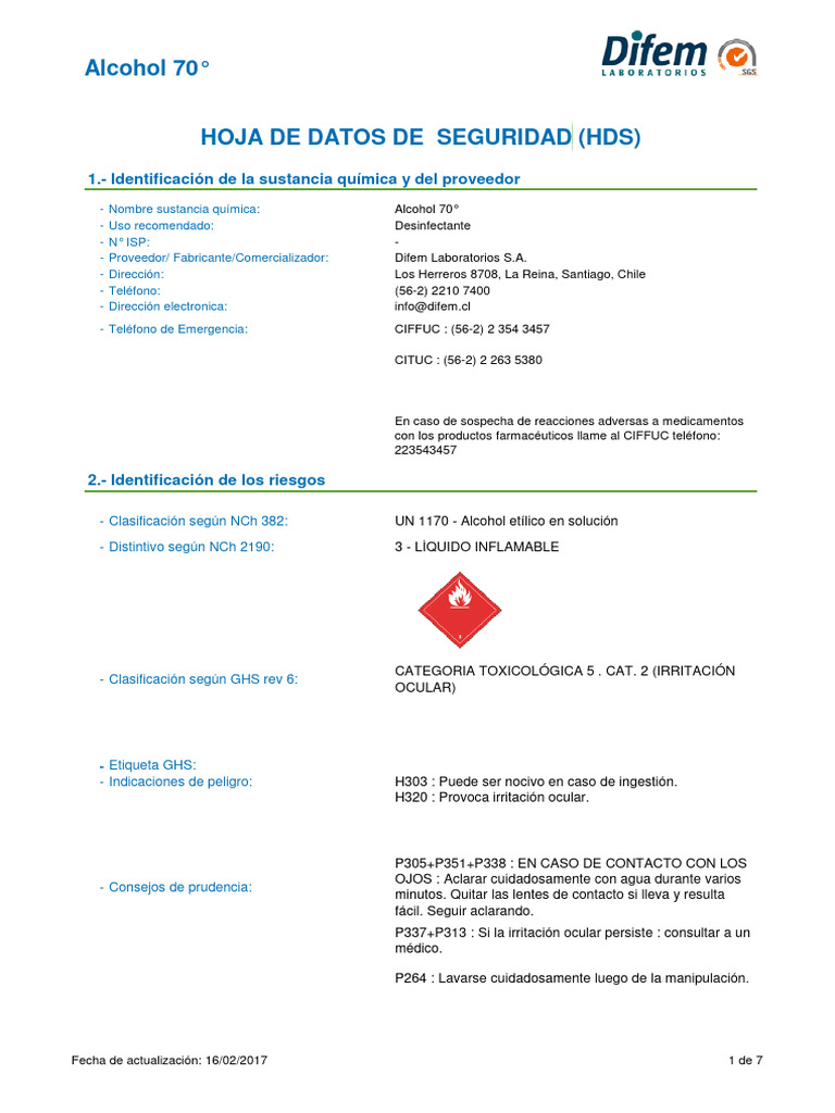 083.hoja MSDS de Alcohol 70° - Difem Lab - FDS | PDF | Agua | Gestión ...