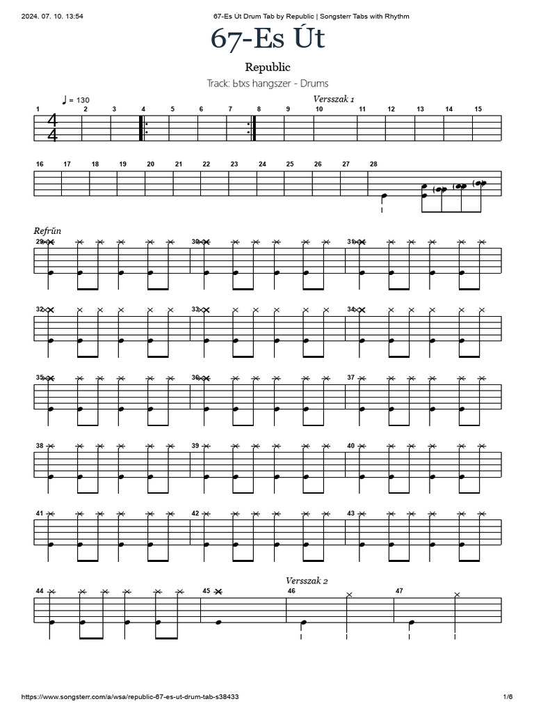 67 Es Út Drum Tab by Republic - Songsterr Tabs With Rhythm | PDF