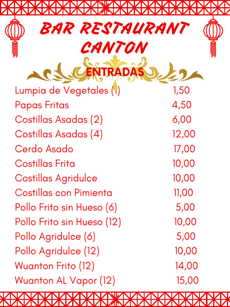 Menú del Bar Restaurante Cantón | PDF | Cerdo | Alimentos