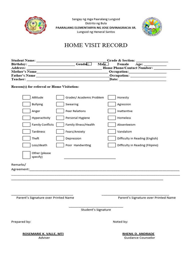 Home Visitation Form 2019 2020 1 1 | PDF | Human Development | Social ...
