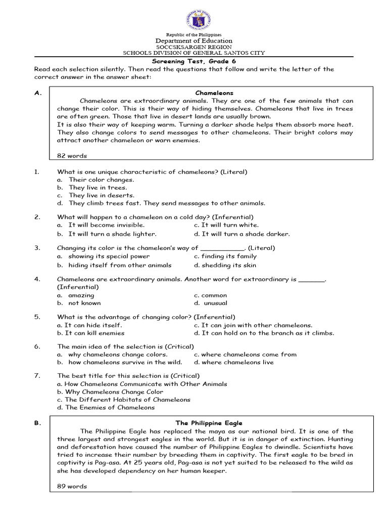 Grade 6 English Screening Test | PDF | Coral Reef | Coral