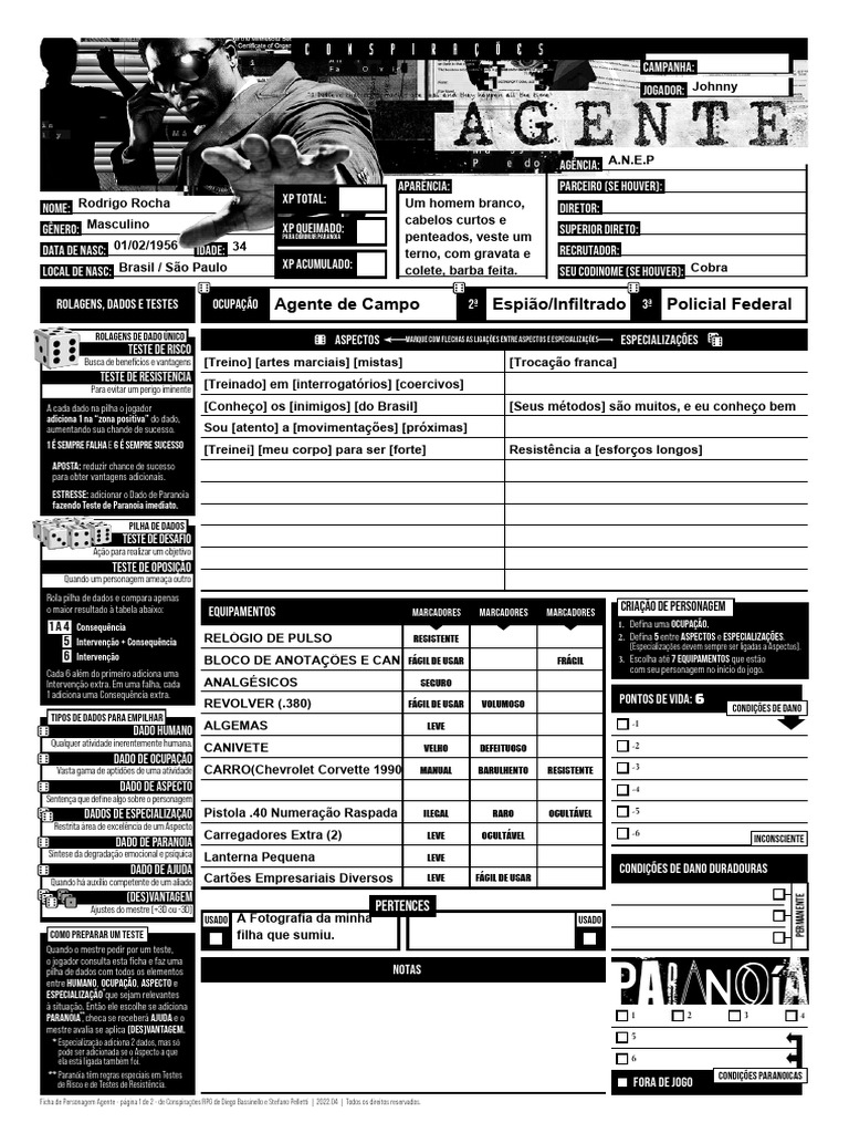Ficha de Rodrigo Rocha (Cobra) | PDF | Jogos de RPG