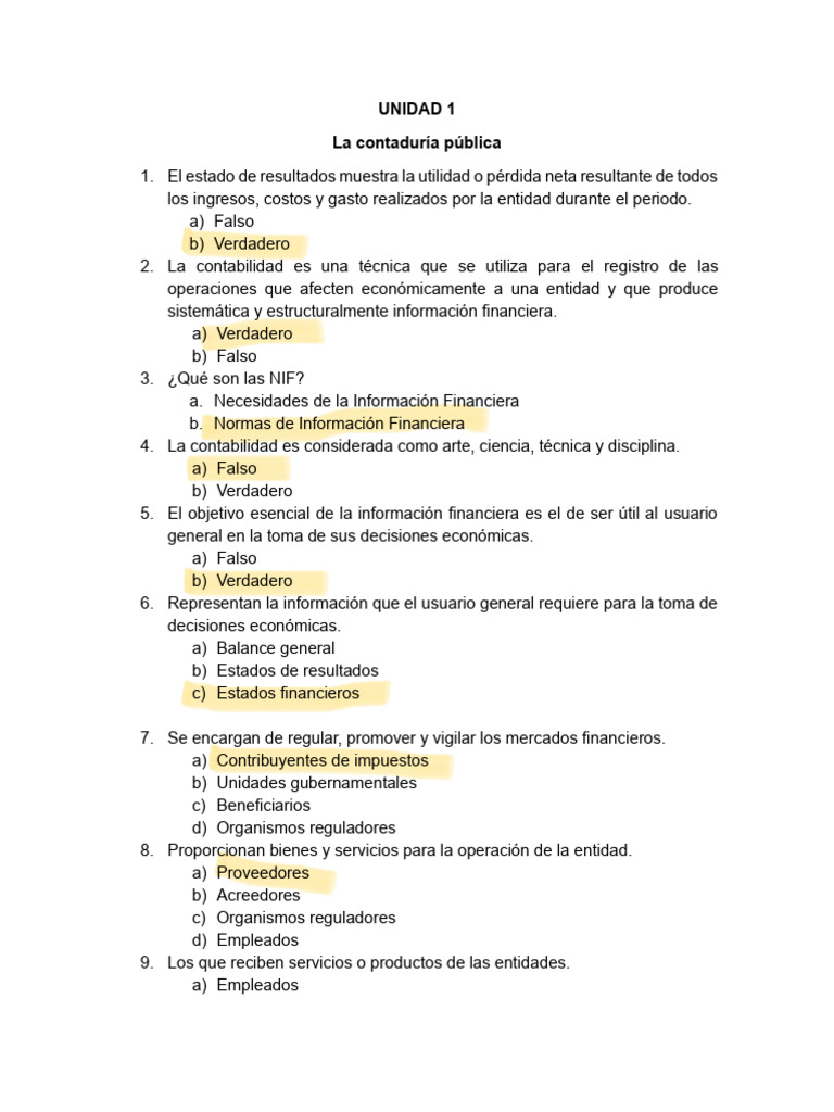 Cuestionarios Unidad 1-6 2 | PDF | Contabilidad | Estado de resultados