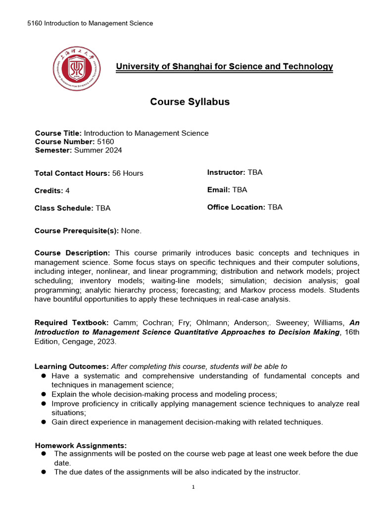 5160 Introduction To Management Science | PDF | Science | Decision Making
