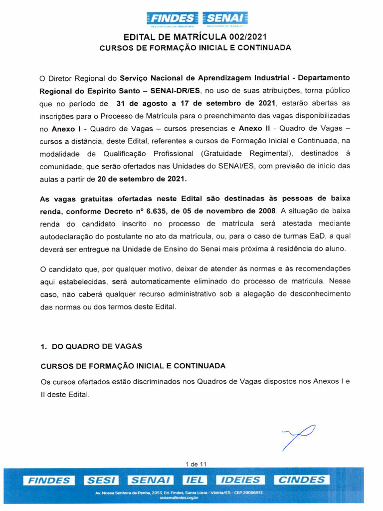 Edital 1 Gratuidade Senai 2021 1 v2 | PDF