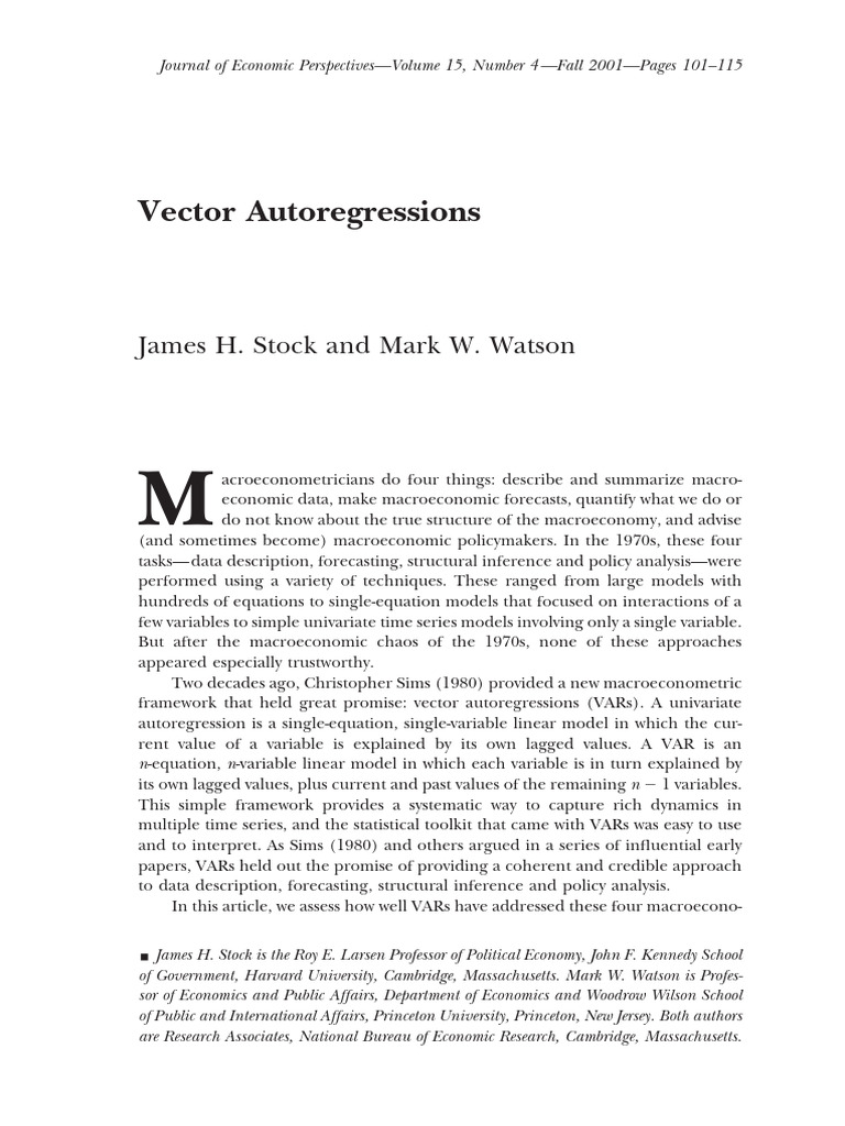 Stock Watson 2010 Vector Autoregressions | PDF | Vector Autoregression ...