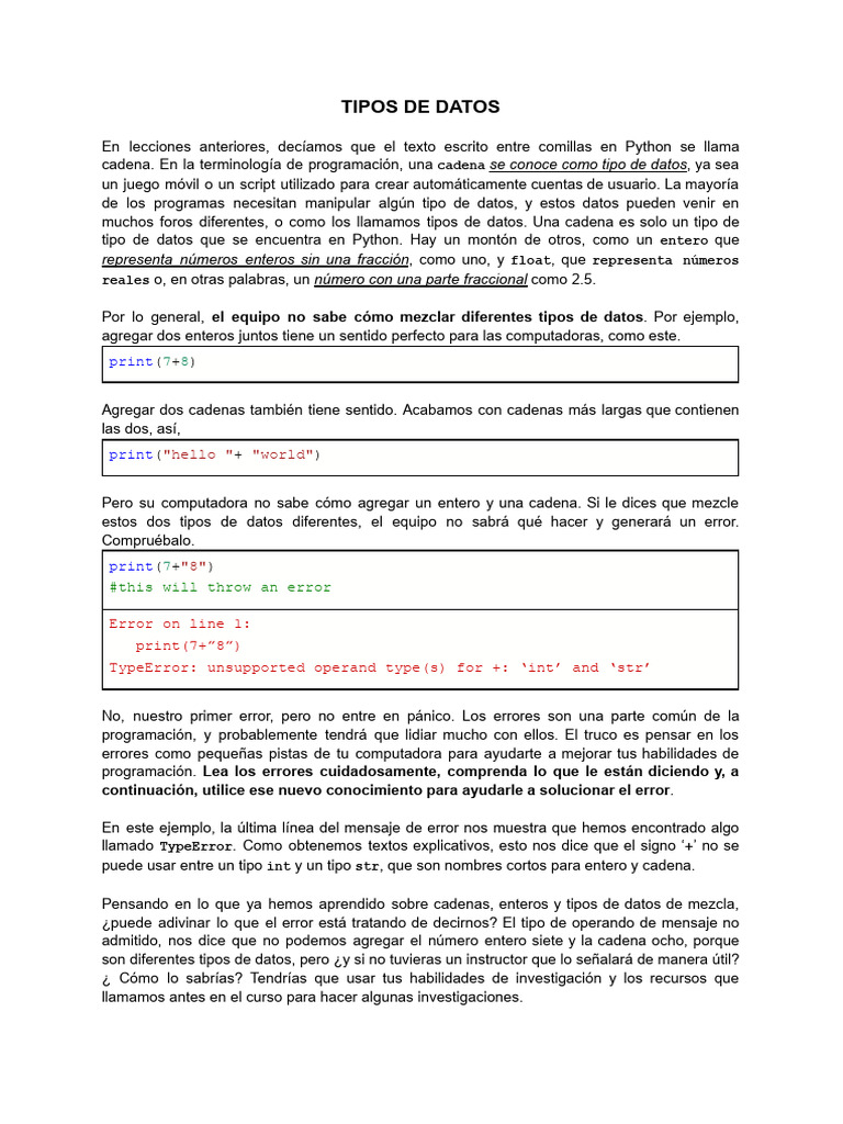 3-Tipos de Datos | PDF | Python (lenguaje de programación) | Tipo de datos