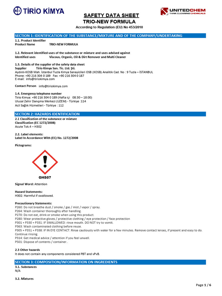Trio-New Formula - Sds CLP Eng-00 | PDF | Occupational Safety And ...