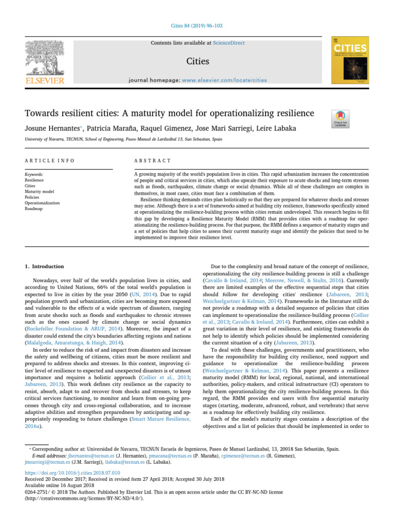 [2018] Towards resilient cities_ A maturity model for operationalizing ...