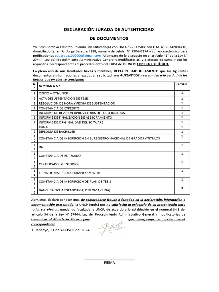 Declaración Jurada de Autenticidad | PDF | Documento de identidad | Gobierno