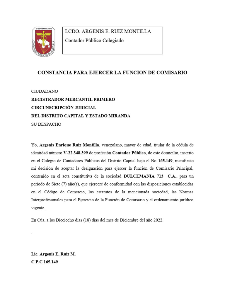 Carta Aceptacion Comisario | PDF