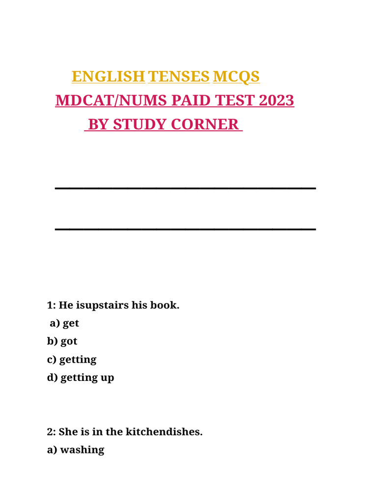 English Tenses MCQs for MDCAT/NUMS 2023 | PDF
