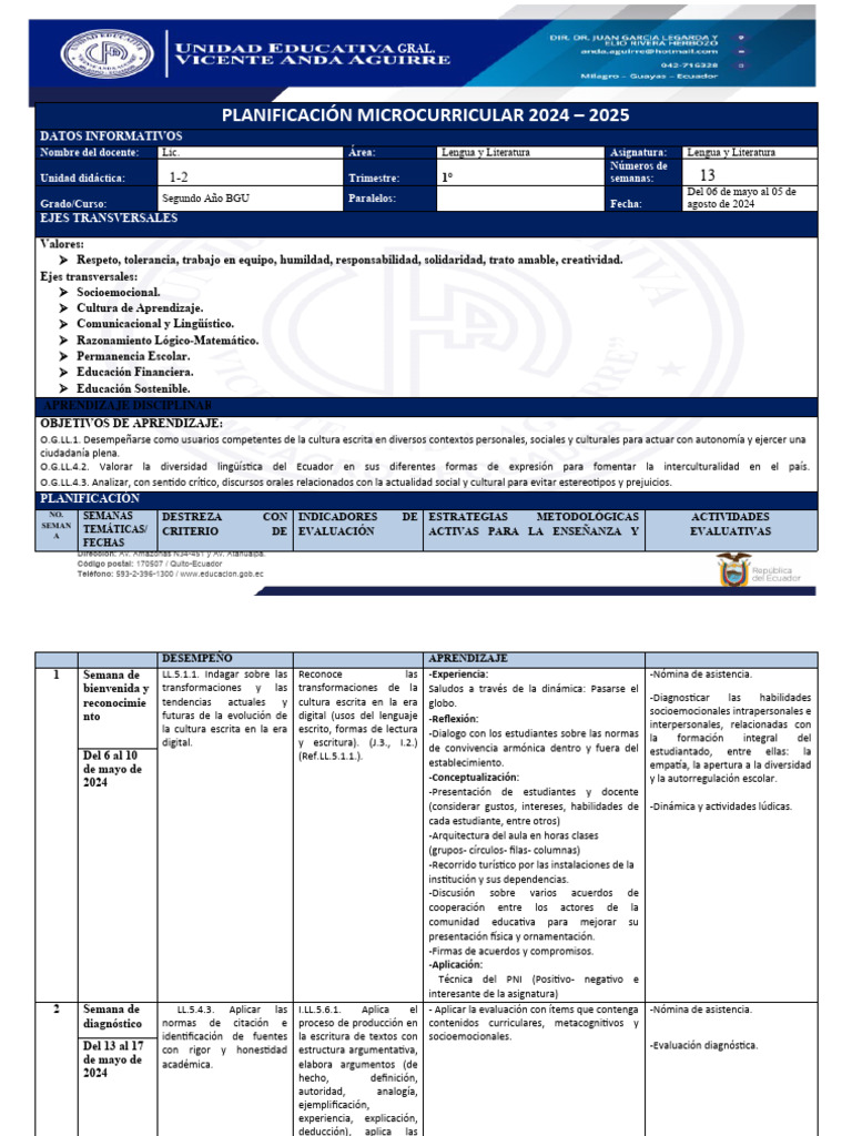 Planificación MICRO 1er TRIM. 2do BGU | PDF | Evaluación | Aprendizaje
