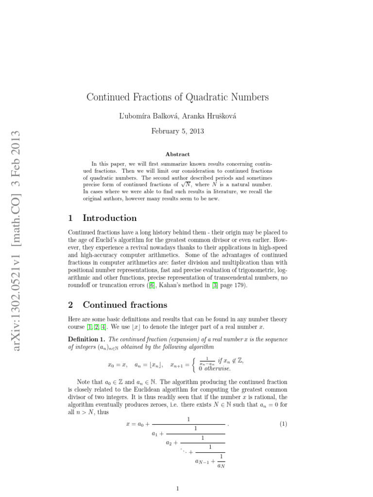Continued Fractions Of Quadratic Numbers 2013 Pdf Numbers Mathematics