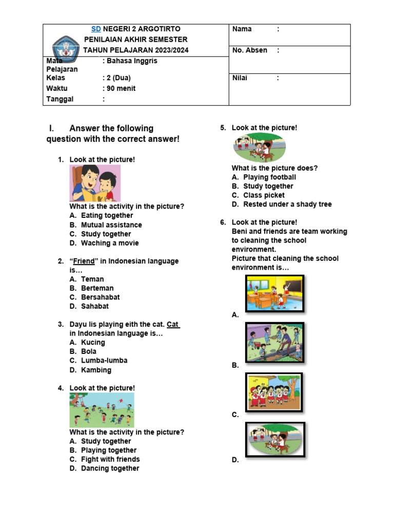 Soal PAS B.Ing Kelas 2 SD | PDF