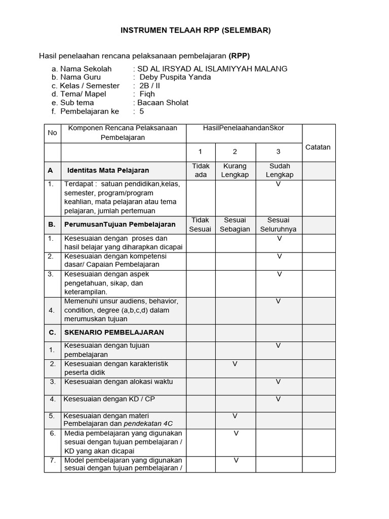 3 - INSTRUMEN - Telaah RPP (SELEMBAR) Salinan | PDF