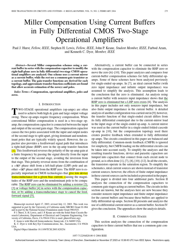 Miller Compensation Using Current Buffers in Fully Differential CMOS Two-Stage Operational ...