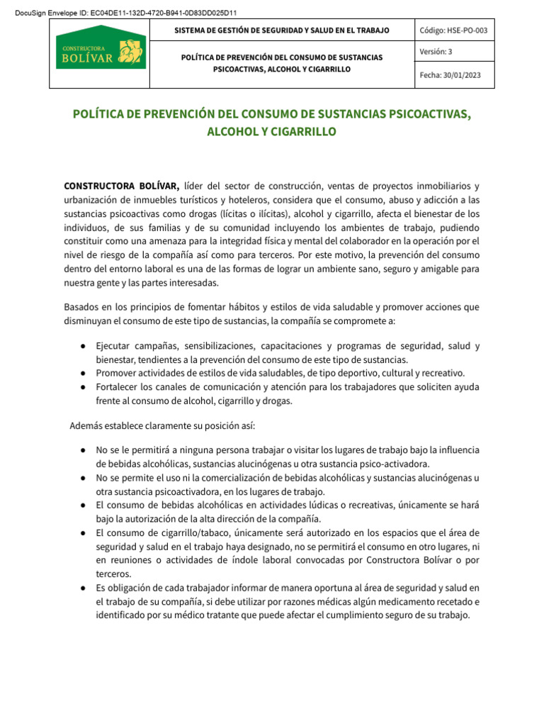 Hse-Po-003 Política de Alcohol, Cigarrillo, Drogas V3.0 | PDF | Drogas ...