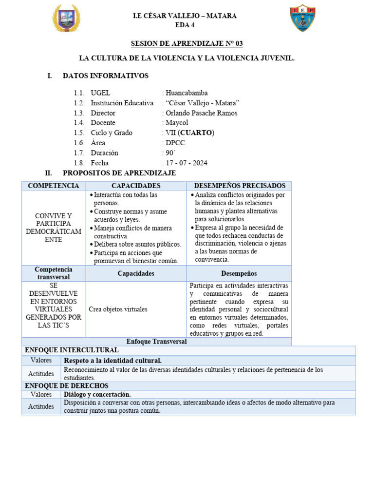SESION°3 Eda4 - 4TO - DPCC | PDF | Violencia | Aprendizaje