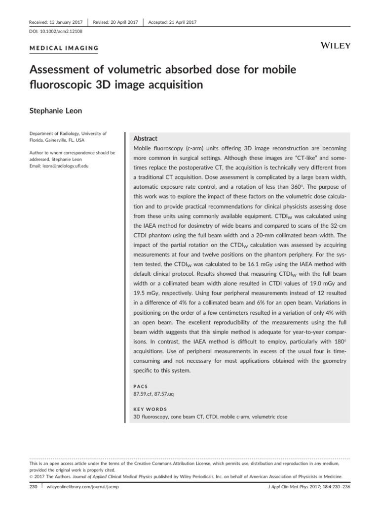 Leon_Assessment of Volumetric Absorbed Dose for Mobile Fluoroscopic 3D Image Acquisition | PDF ...