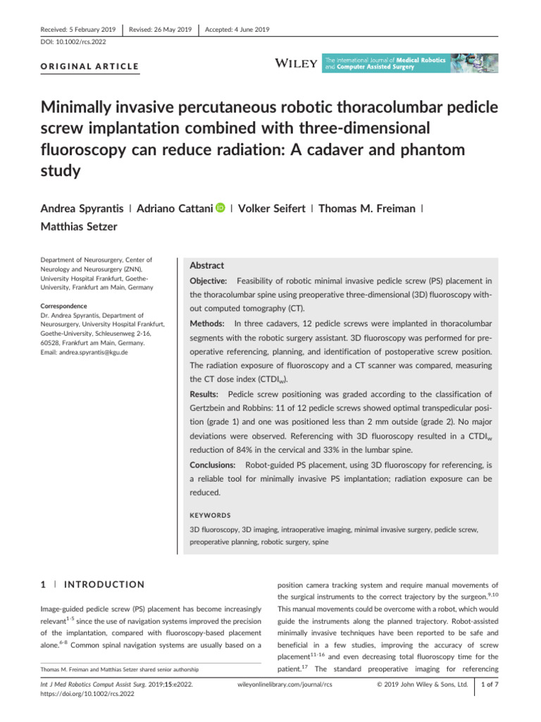 Robotic Thoracolumbar Screw Implantation | PDF | Ct Scan | Vertebral Column