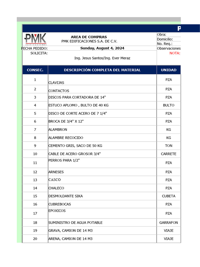 Req 004 Solicitud de Material Torre Tres Puertas 30-07-24 | PDF