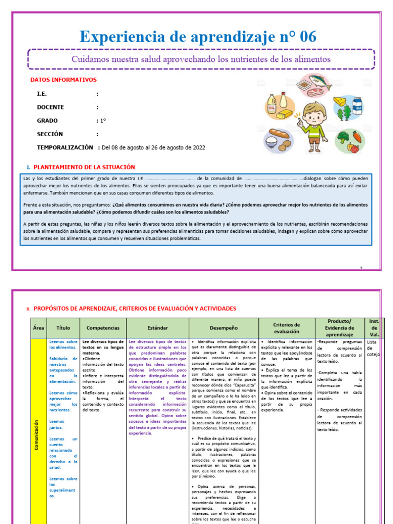 Experiencia de Aprendizaje 06 1º | PDF | Aprendizaje | Alimentos