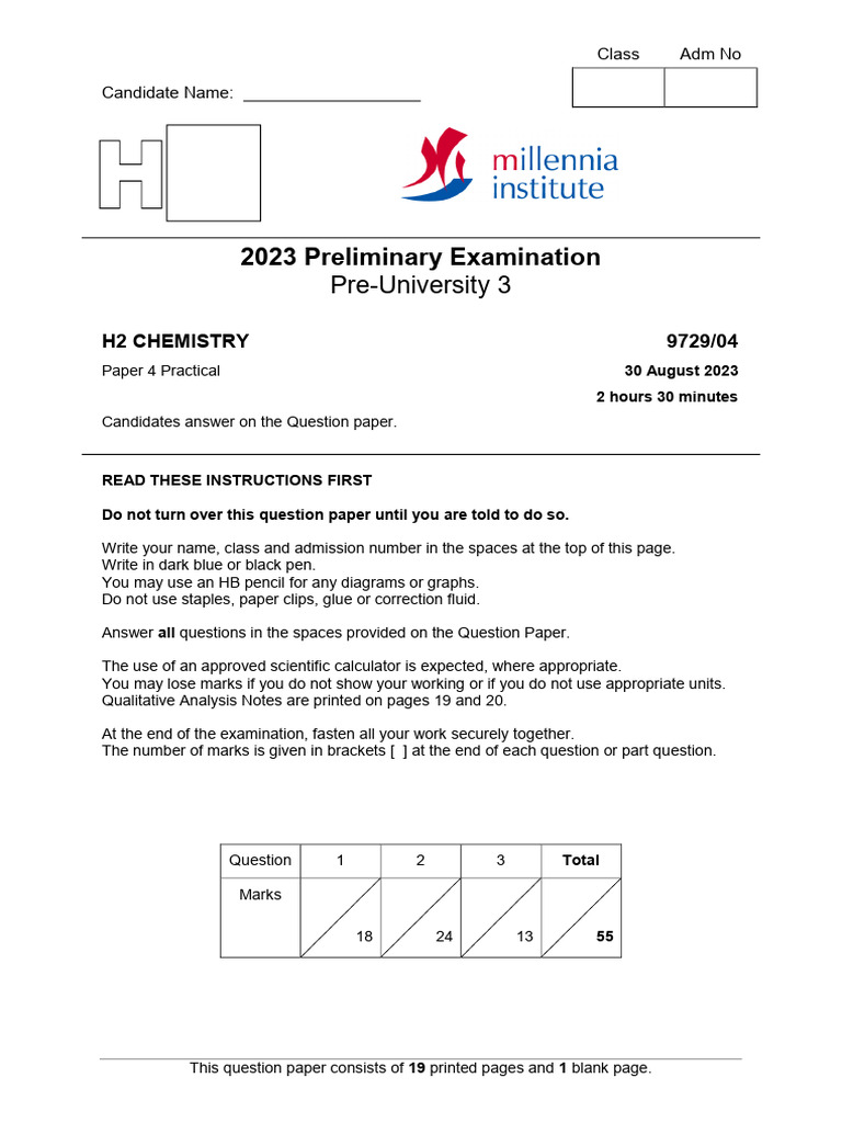 23MIPrelimQP (H2 Chem Paper 4) | PDF | Chlorine | Chemical Elements
