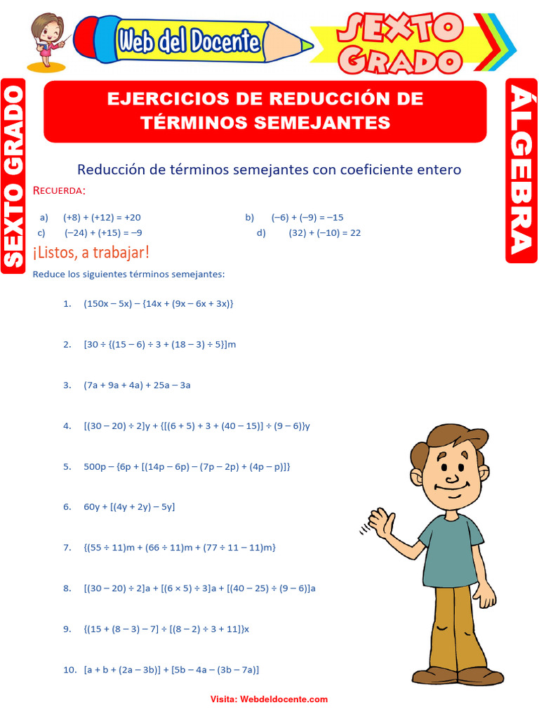 Ejercicios de Reducción de Términos Semejantes para Sexto Grado de ...