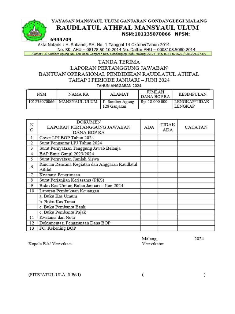 Lembar Checklist LPJ - 2024 | PDF