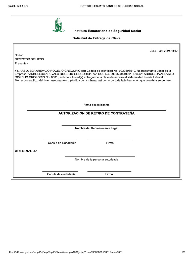 Solicitud de Clave Iess | PDF