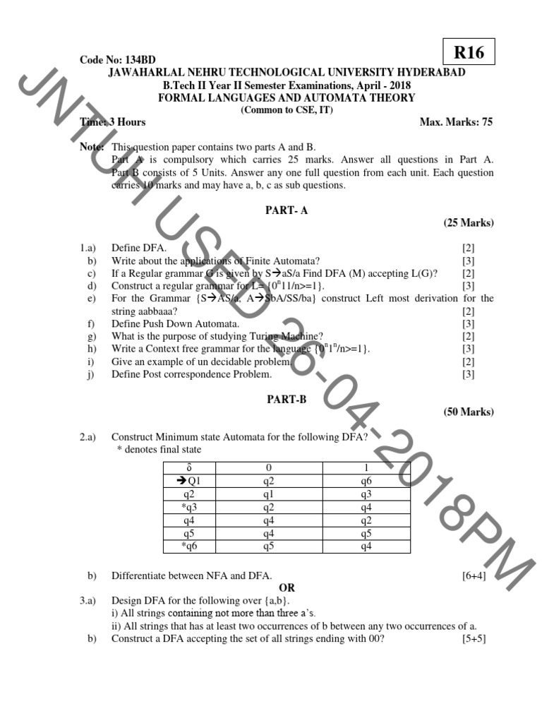 JNTUH B.Tech Formal Languages Exam | PDF | Regular Expression ...