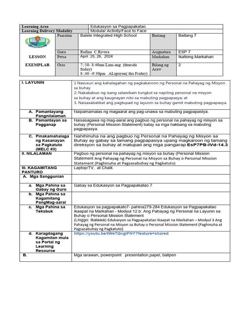 Grade IDEA EXamT ESP7 Wkk4 5 April 25-26,, 2024 | PDF