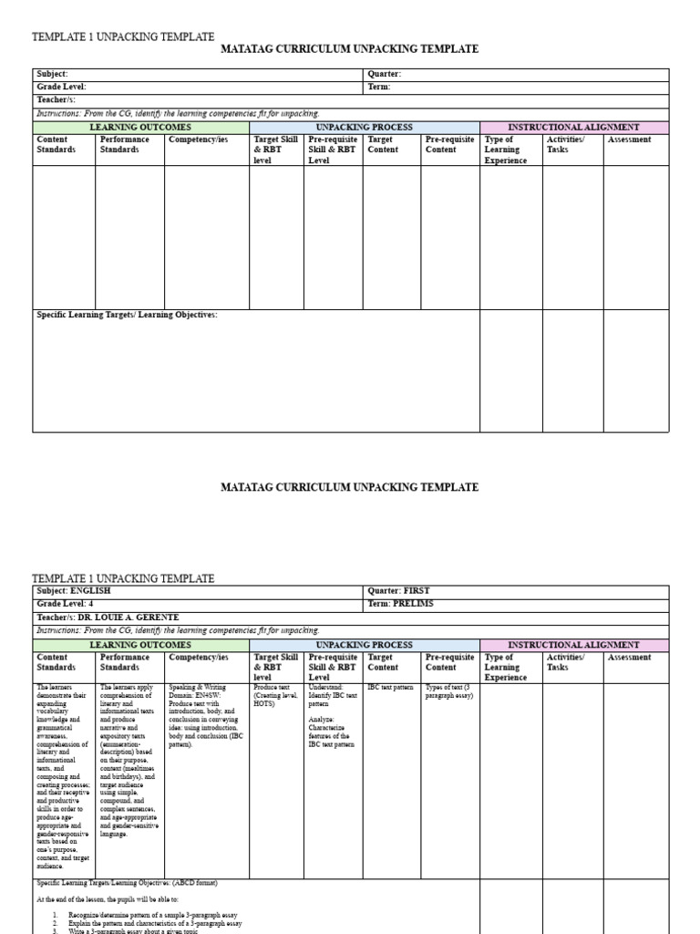 Unpacking Template for Matatag Curriculum | PDF | Reading Comprehension ...