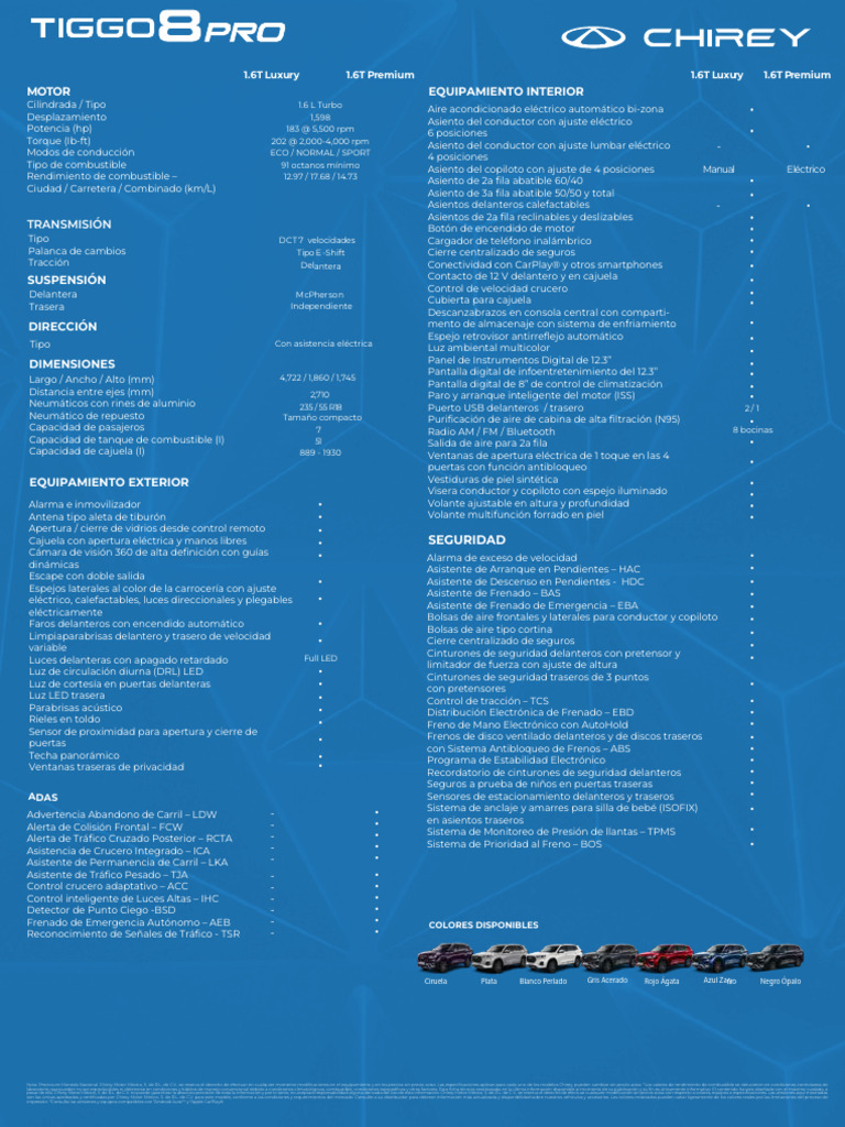 chirey-tiggo-8-pro-ficha-tecnica (1) | PDF | Airbag | Sistema de freno antibloqueo