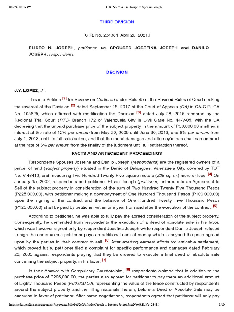 Joseph v. Spouses Joseph, 979 SCRA 408 (2021) | PDF | Lawsuit | Burden ...