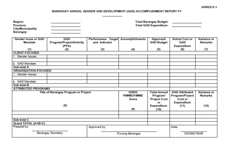 ANNEX E-1 Barangay GAD AR Form | PDF